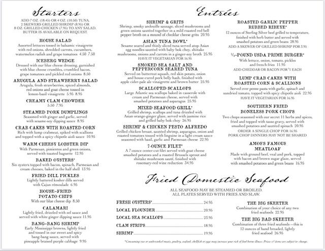 Menu at Amos Mosquito's Restaurant, Atlantic Beach