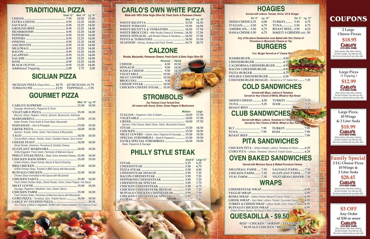 Menu at Carlo's Pizza pizzeria, Kulpsville