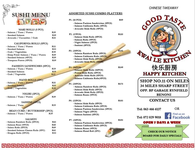 Menu at Happy Kitchen restaurant, Benoni
