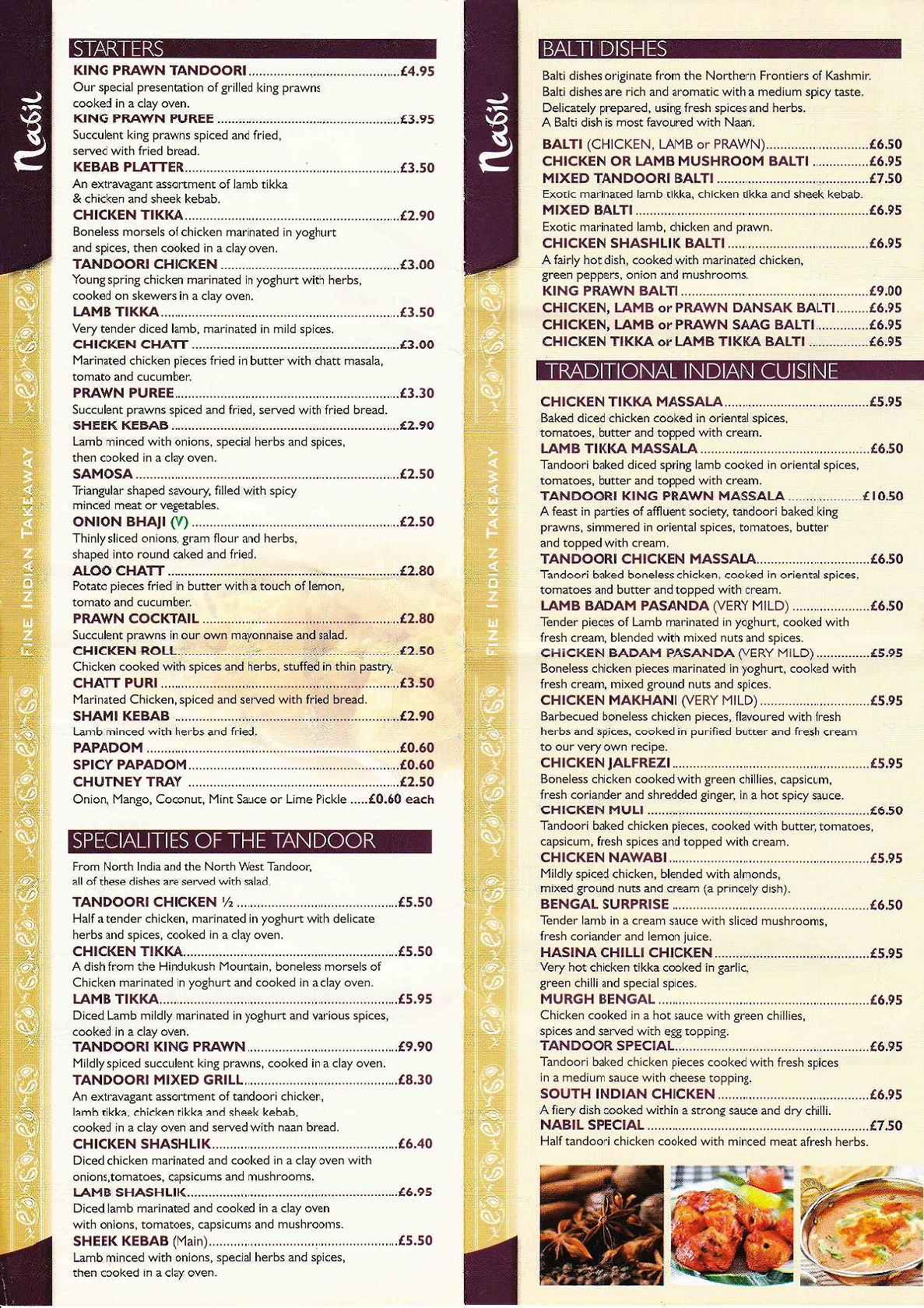 Menu at Nabil, Ystalyfera