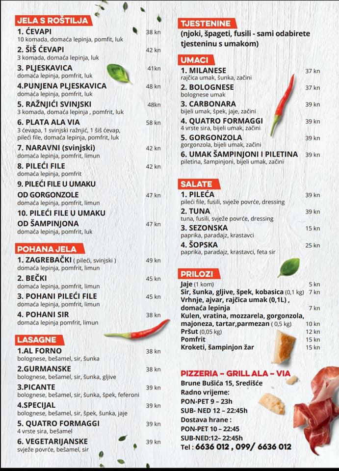 Menu at PIZZA - GRILL Ala Via pizzeria, Zagreb