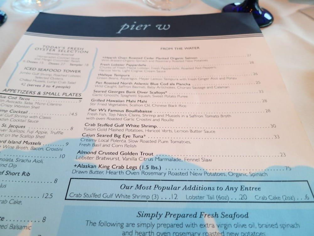 Menu at Pier W restaurant, Lakewood