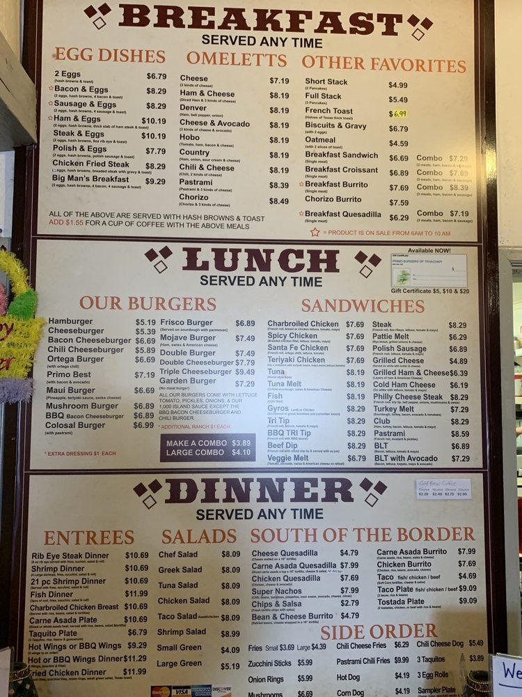 Menu at Primo Burgers restaurant, Tehachapi