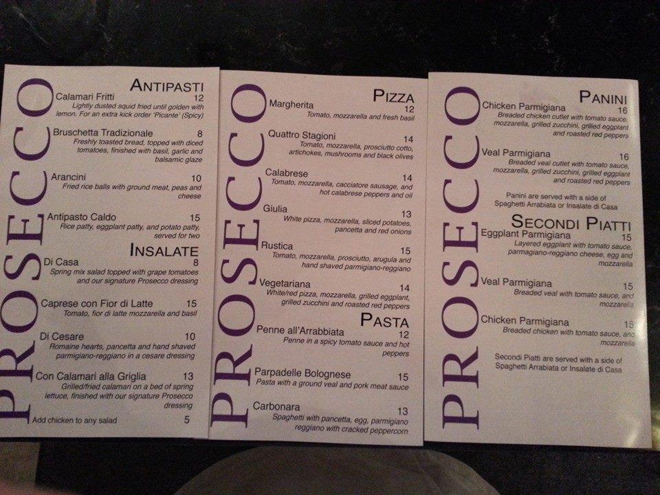 Menu at Prosecco restaurant, Hamilton