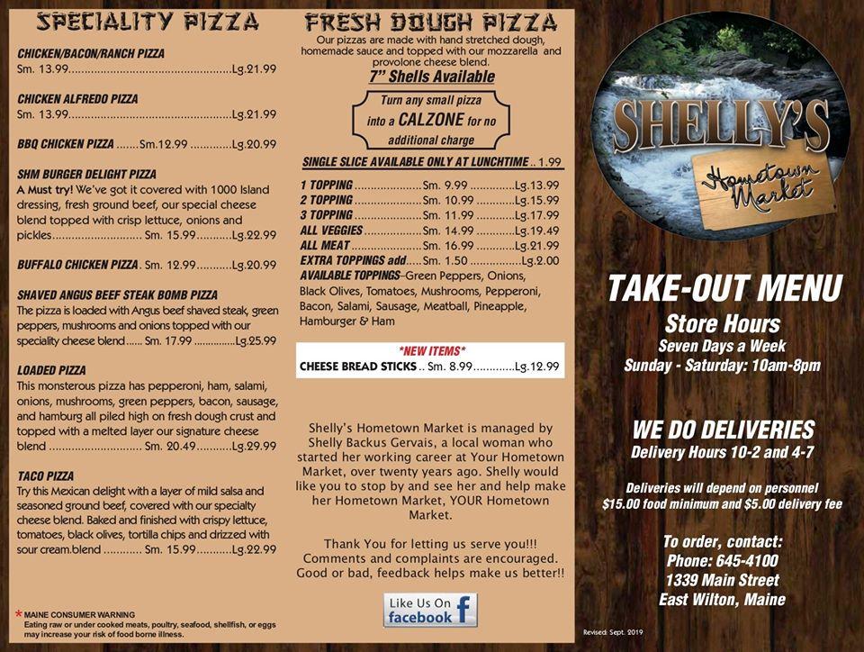 Menu at Shelly's Hometown Market pizzeria, Wilton