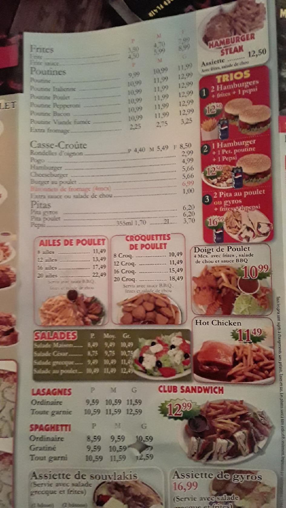 Menu at Restaurant Cascade, Canada