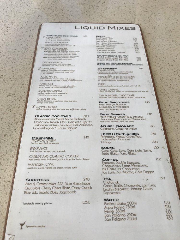 Menu at Azure Beach Club, Lapu-Lapu City, Crimson Resort and Spa
