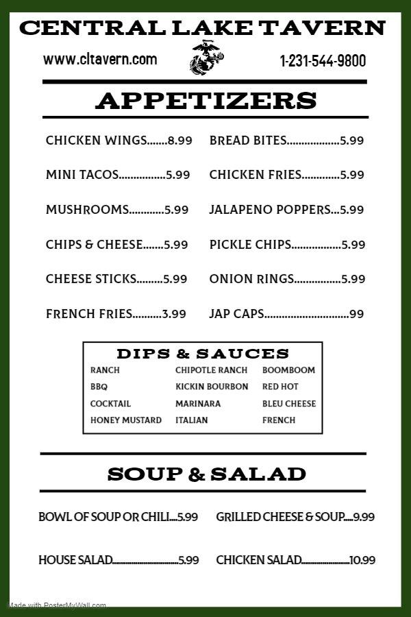 Menu at Central Lake Tavern pub & bar, Central Lake