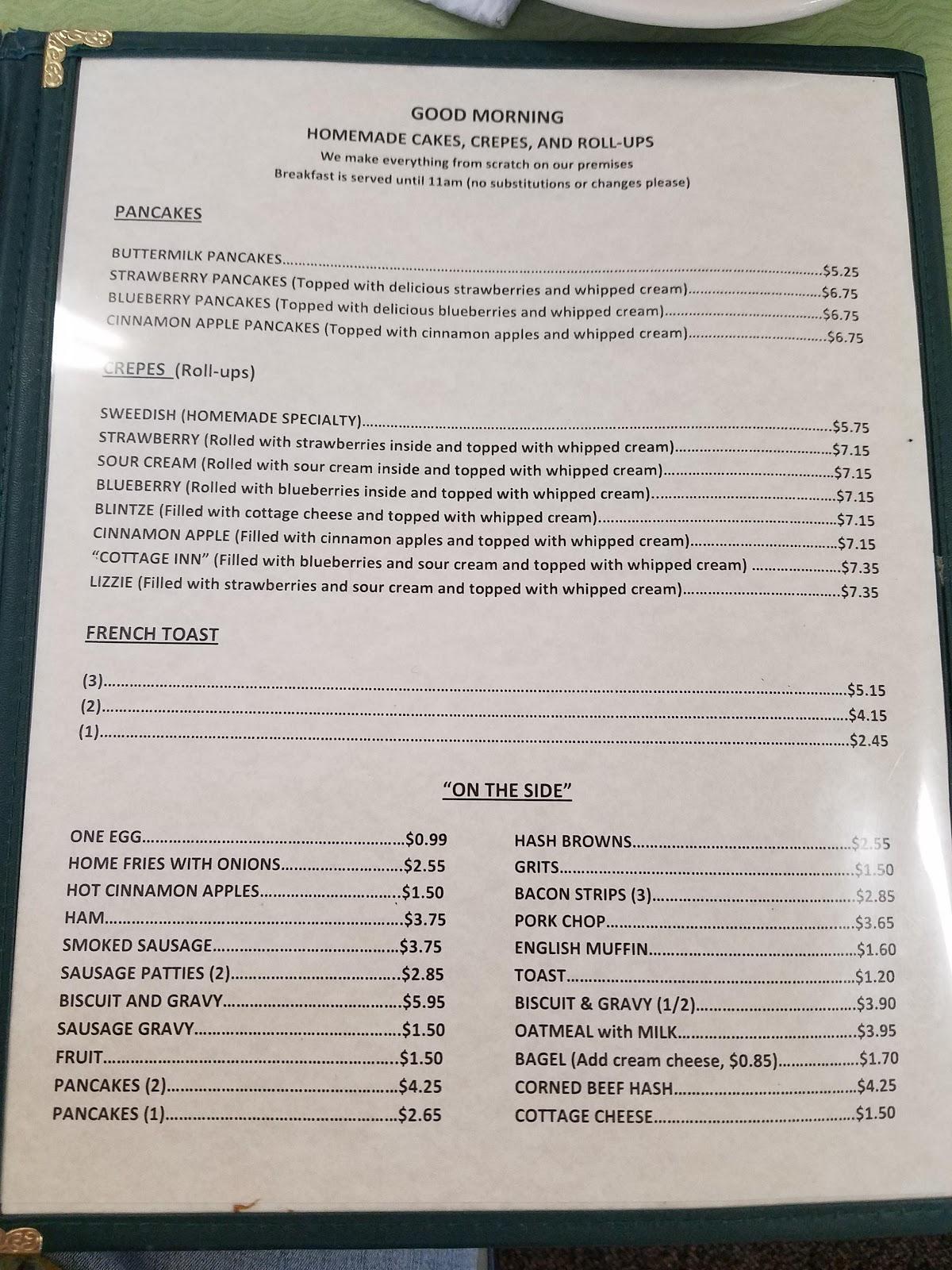 Menu at Cottage Inn restaurant, Lady Lake, 340 US-441