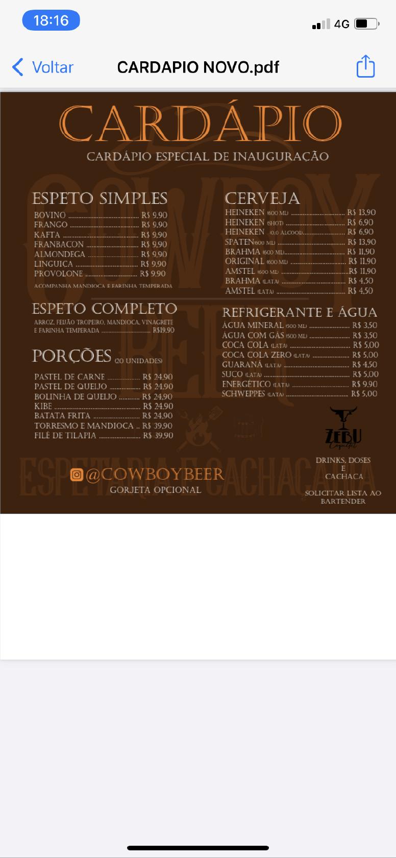 Menu at Bar e Restaurante Cowboy Beer, Uberlândia