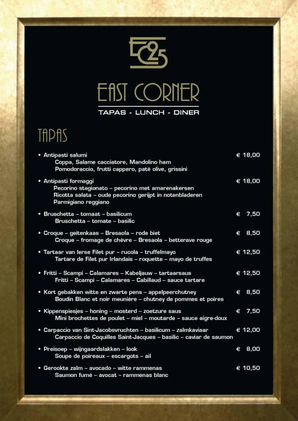 Menu at East Corner, Knokke-Heist