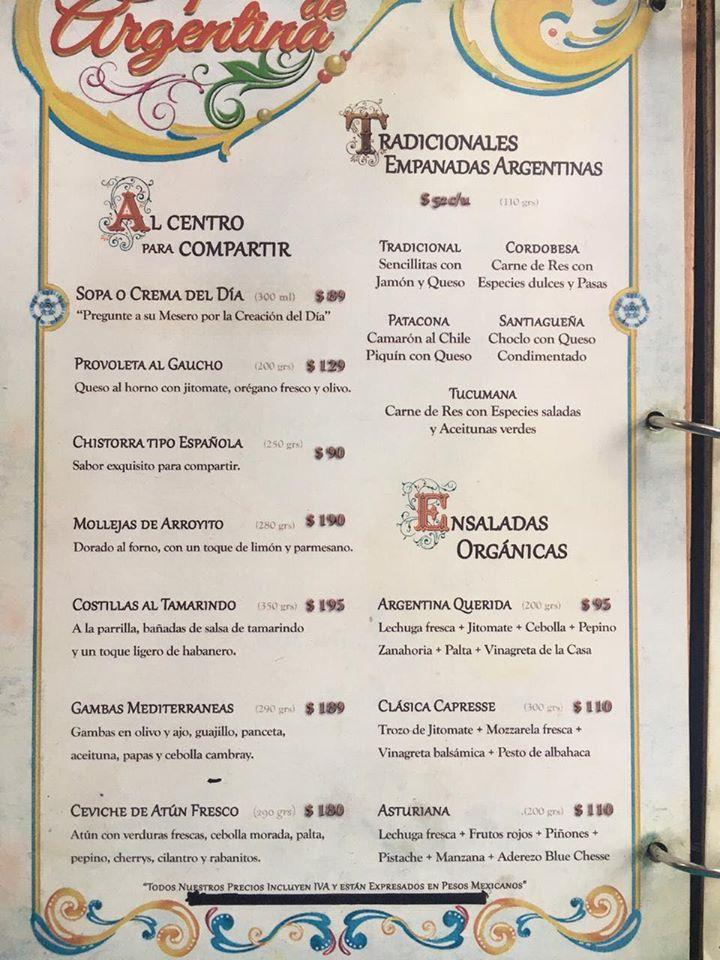 Carta de Restaurante Argentino El Quincho, Tepic