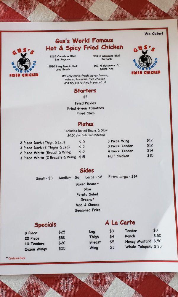 Menu at Gus's World Famous Fried Chicken restaurant, Santa Ana