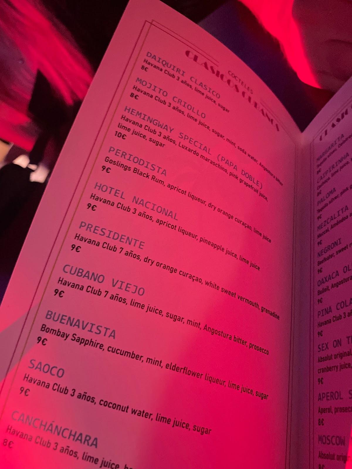 Menu em Miami Vice pub & Bar, Lisboa