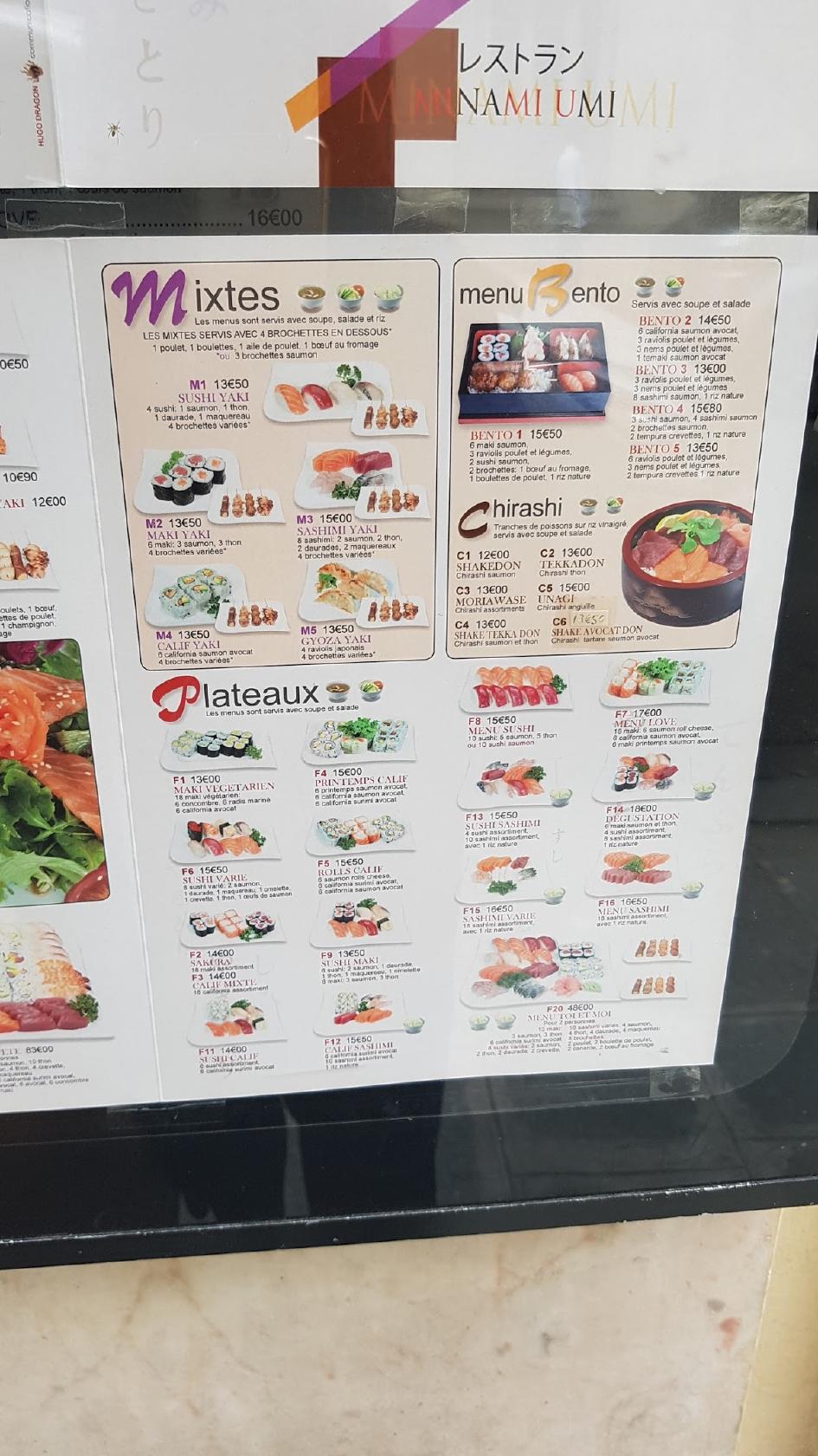Menu at Minami Umi restaurant, Paris