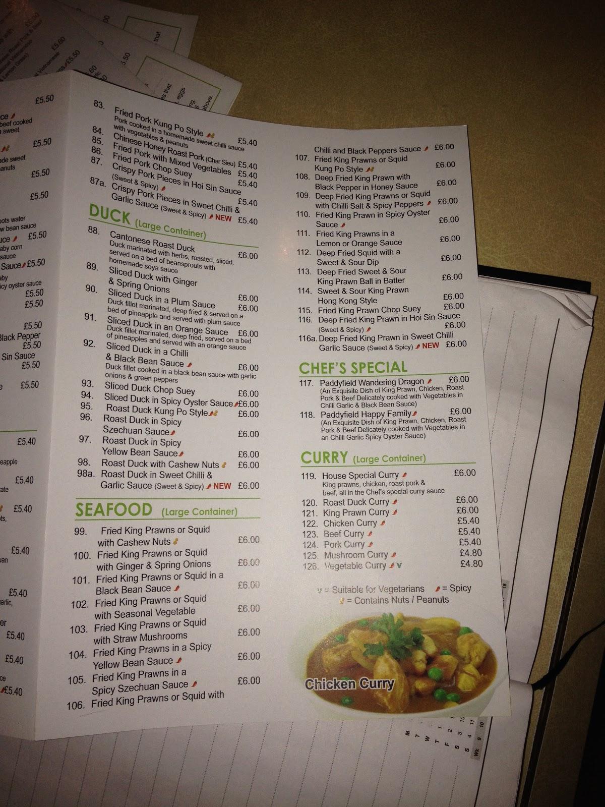 Menu at Paddyfields restaurant, Ollerton and Boughton