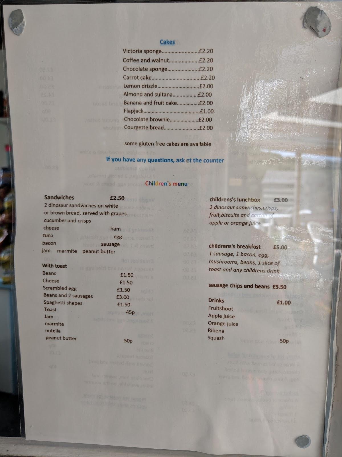 Menu at Pit Stop Cafe, Southwold
