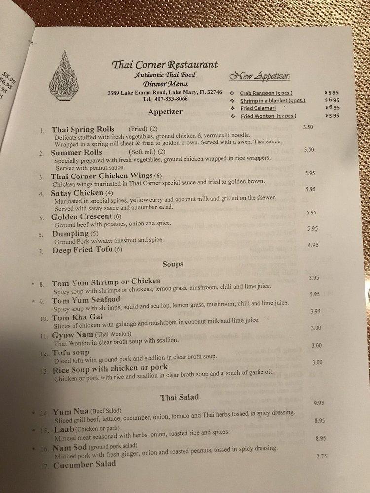 Menu at Thai Corner restaurant, Lake Mary