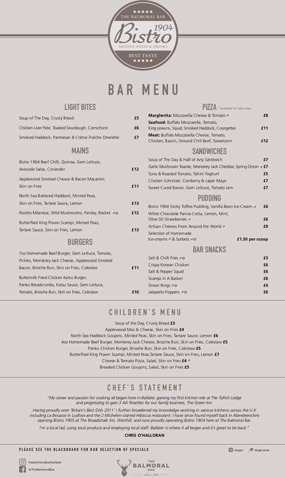 Menu at The Balmoral Bar, Ballater