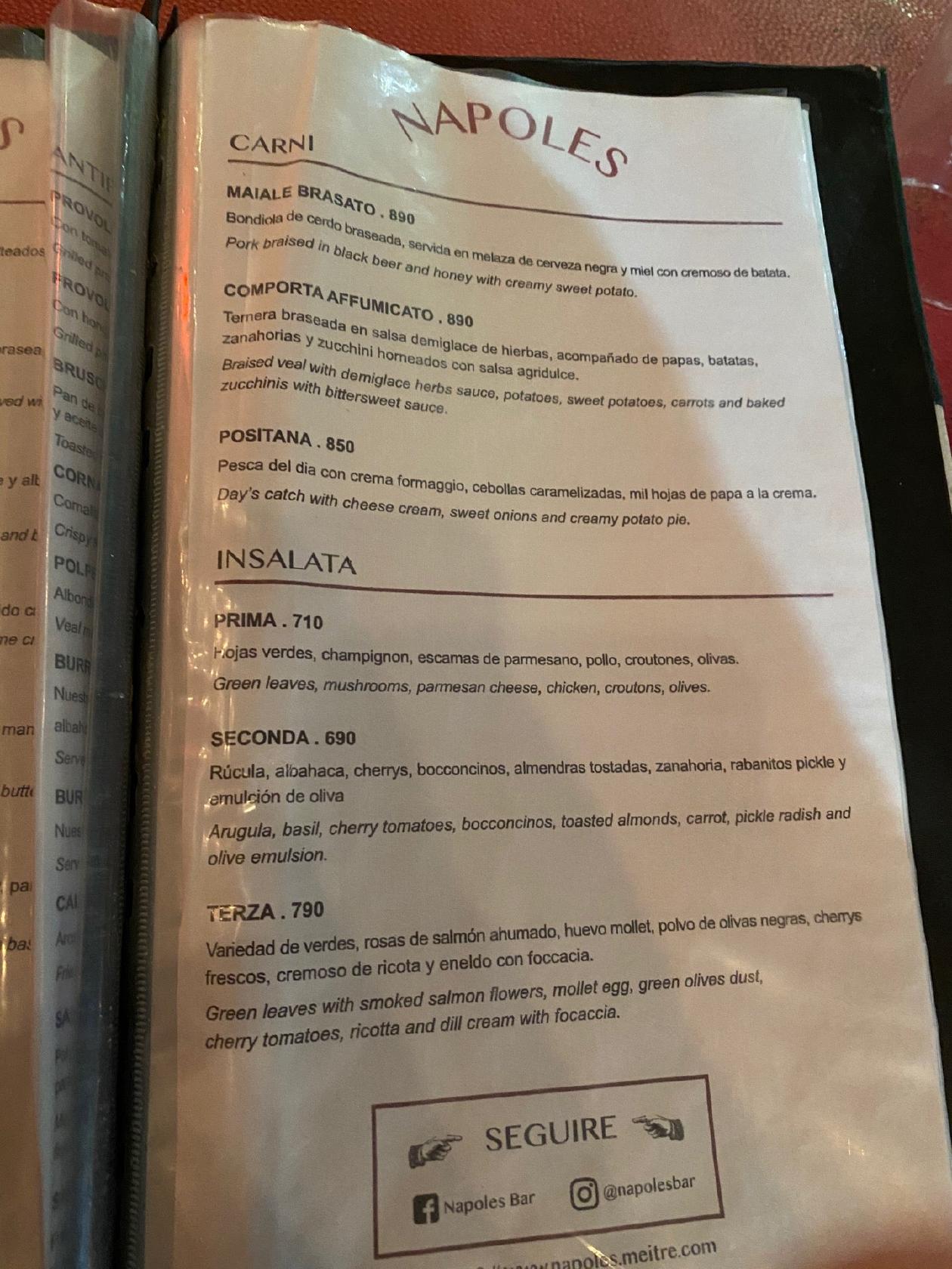 Carta del pub y bar Nápoles, Buenos Aires, C1152AAA