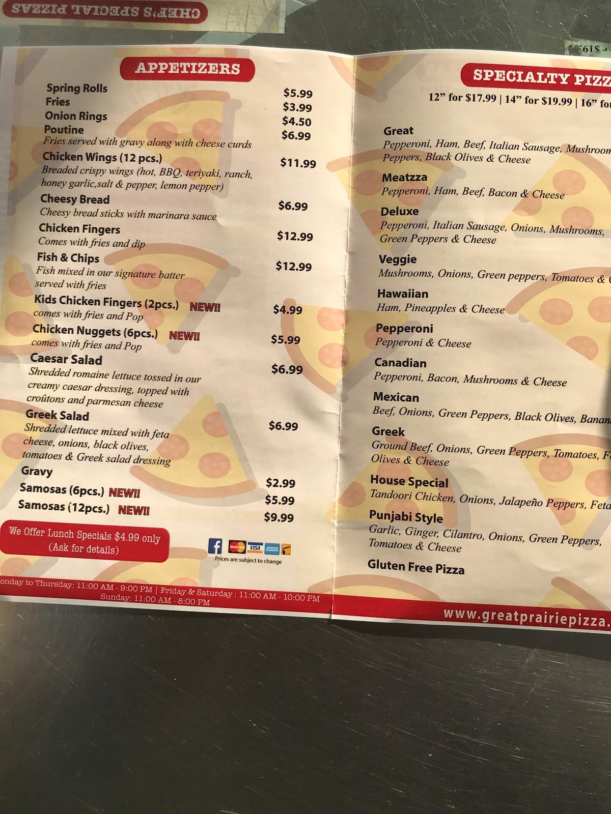Menu at Great Prairie Pizza & Restaurant, Langham, 320 Park Ave