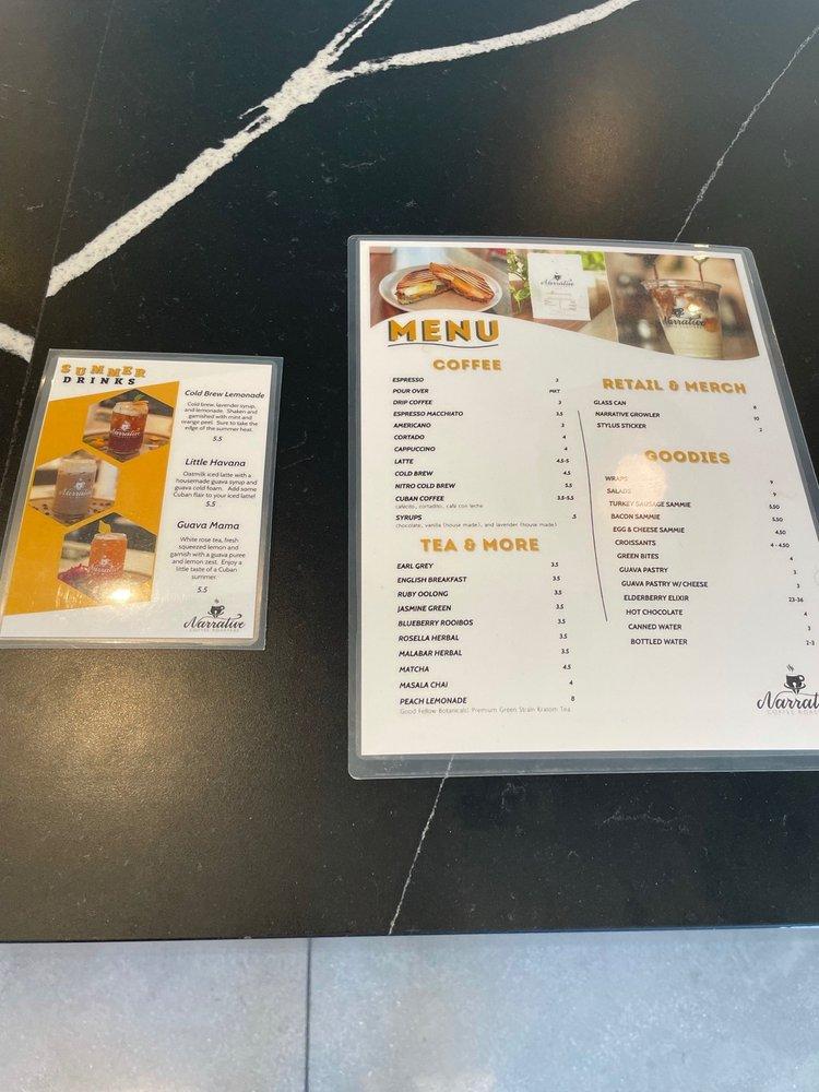 Menu at Narrative Coffee Roasters cafe, Naples, Central Ave
