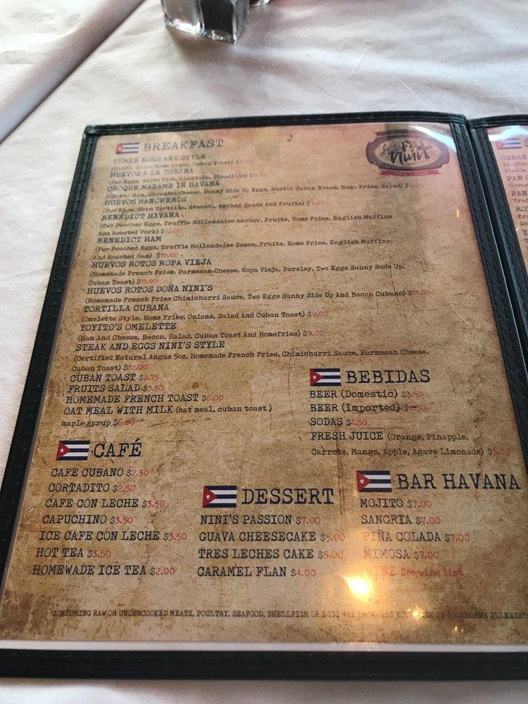 Menu at Nini's Cuban Cuisine restaurant, Indialantic