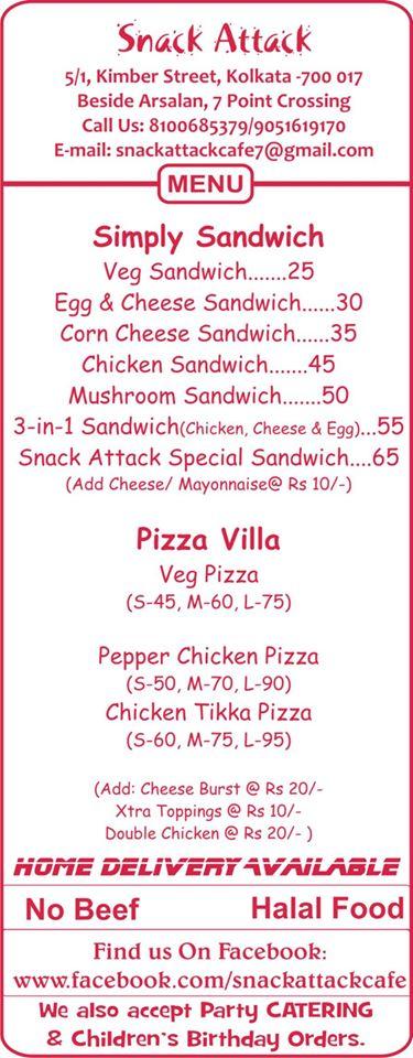Menu at Snack Attack, Kolkata