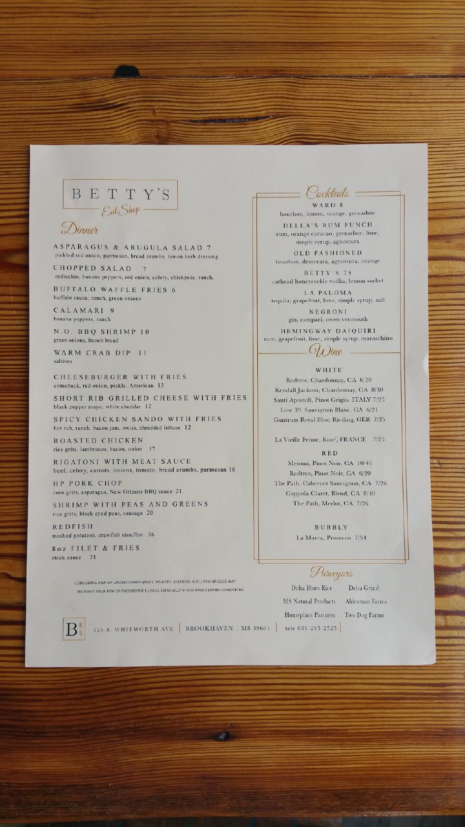Menu at Betty's Eat Shop restaurant, Brookhaven
