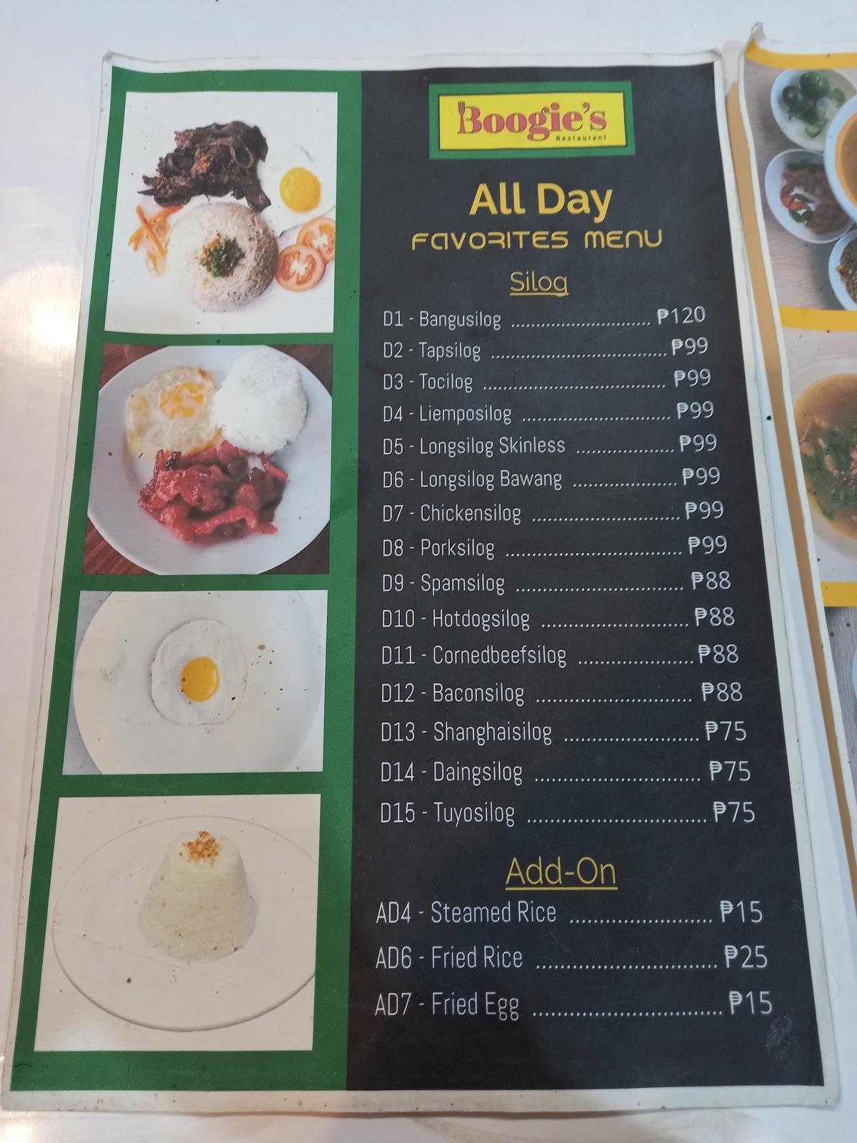 Menu at Boogie's Restaurant, Maria Aurora