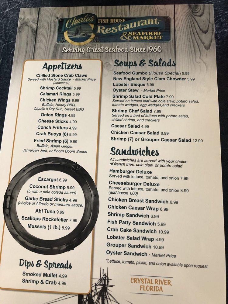 Menu at Charlie's Fish House Restaurant, Crystal River