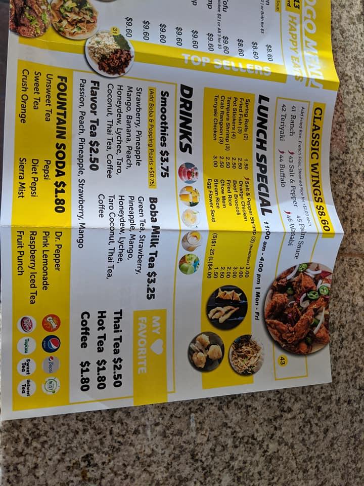 Menu at Happy Eats restaurant, Hanford