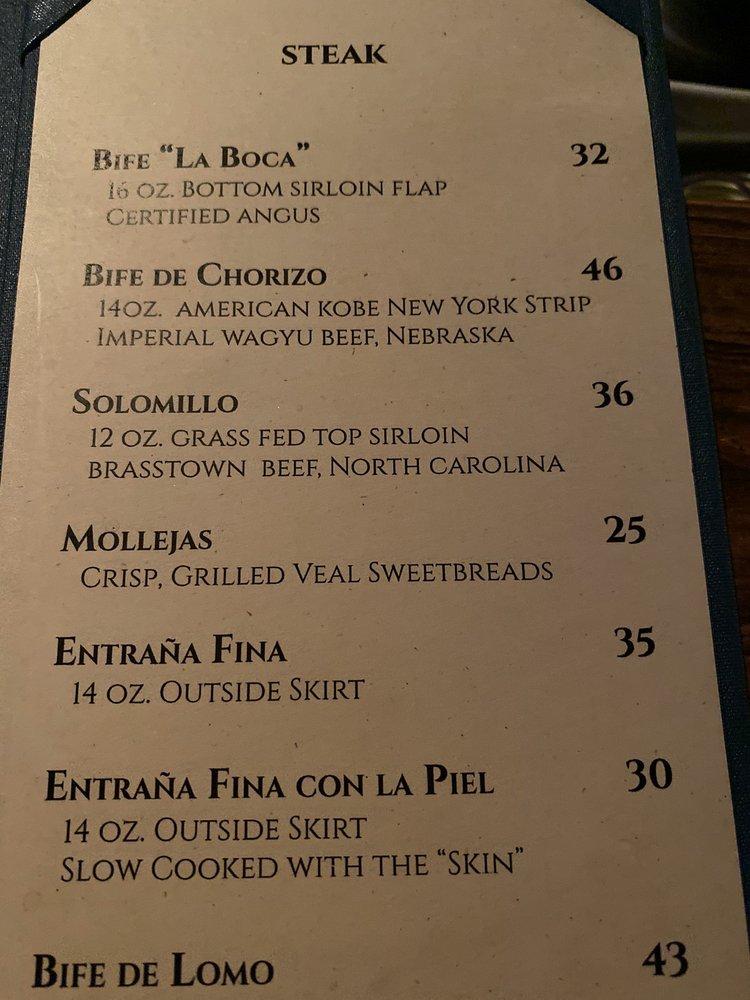 Menu at La Boca Steakhouse, New Orleans