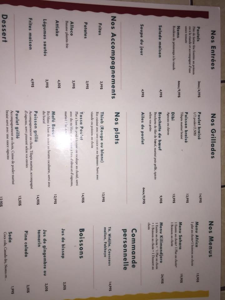 Menu au Le Sahara restaurant, Longueuil
