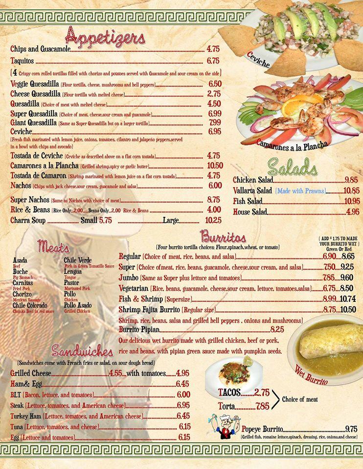 Menu at Los Charros Restaurant, Mountain View
