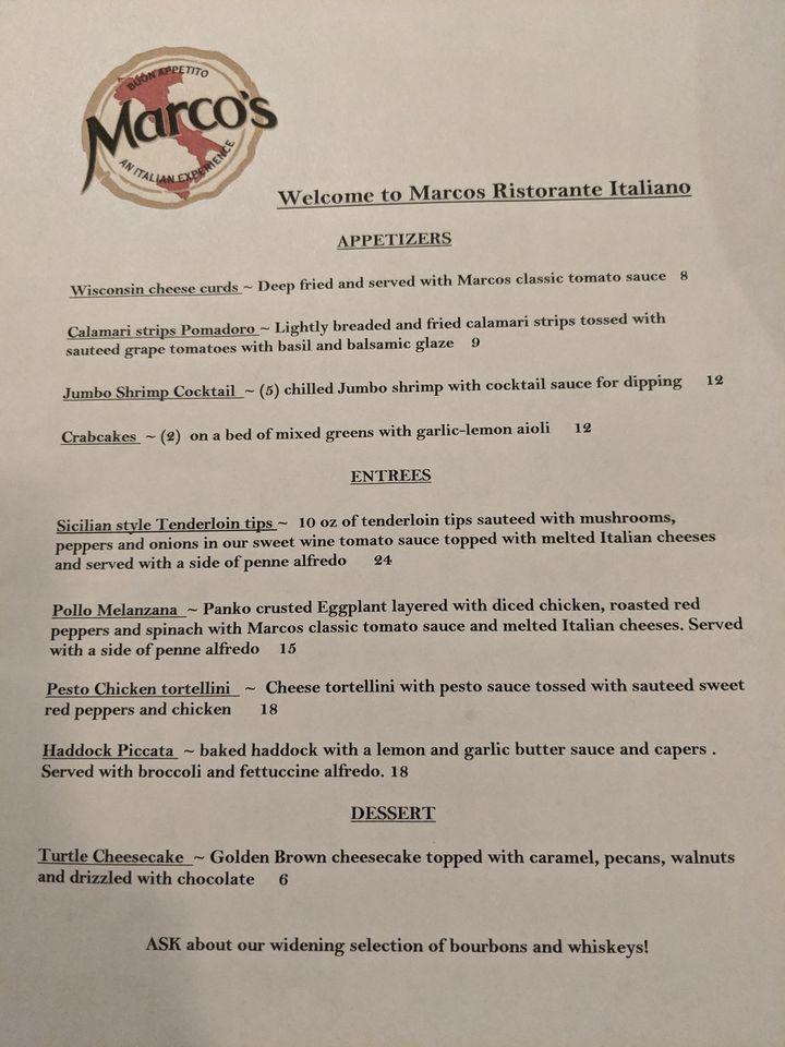 Menu at Marco's restaurant, Lewiston