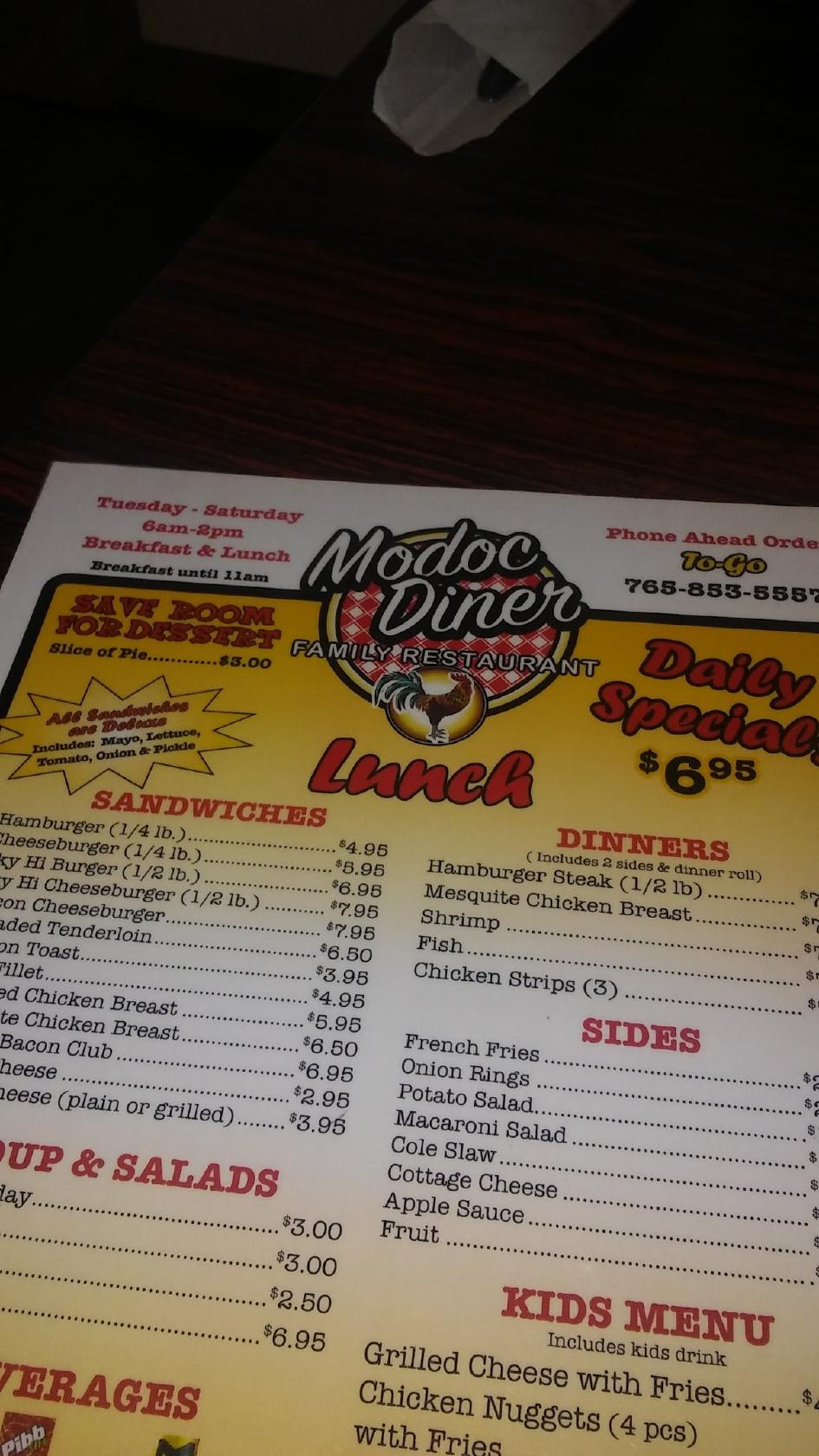 Menu at Modoc Diner BBQ, Modoc