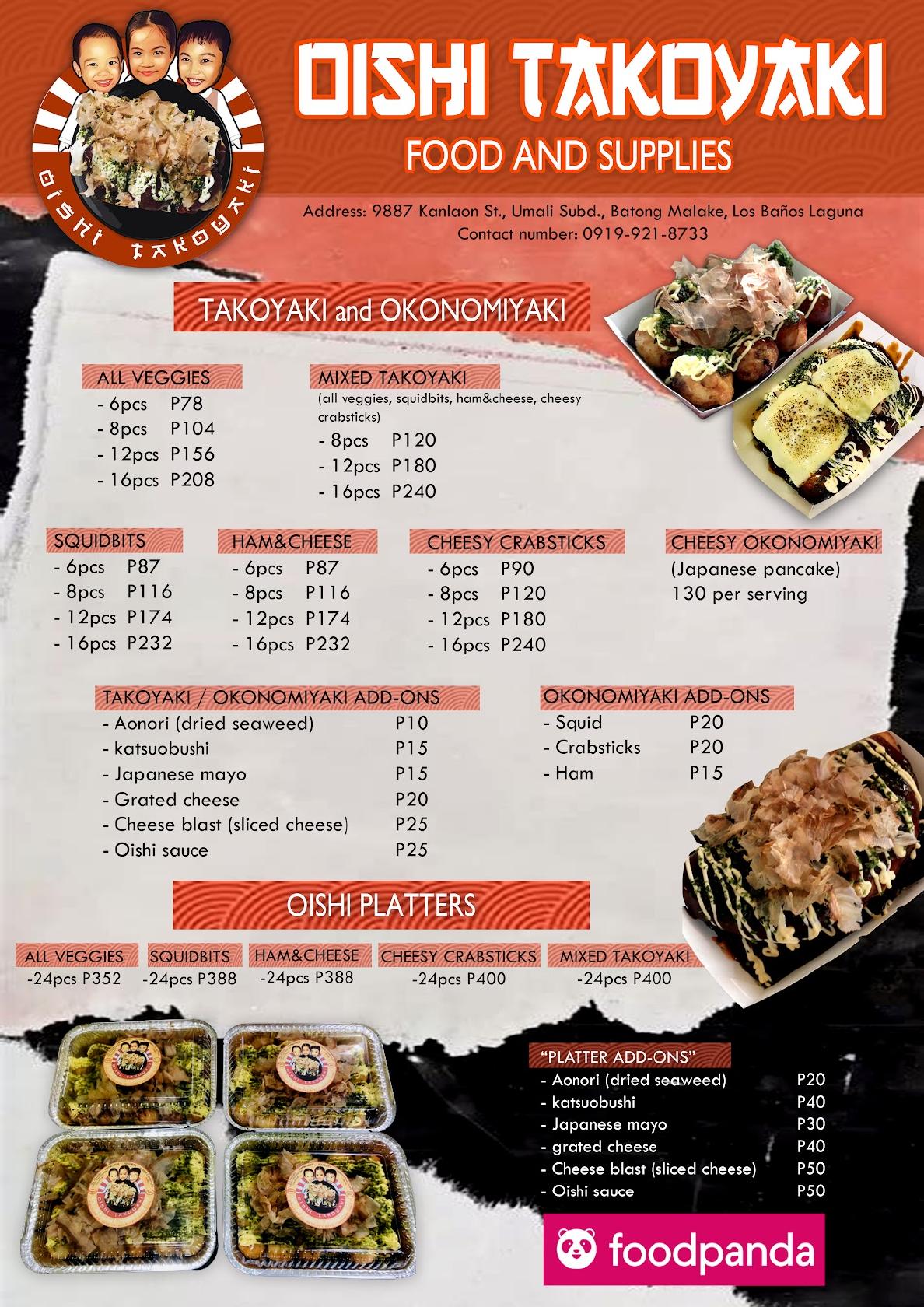 Menu at Oishi Takoyaki Food and Supplies restaurant, Los Baños