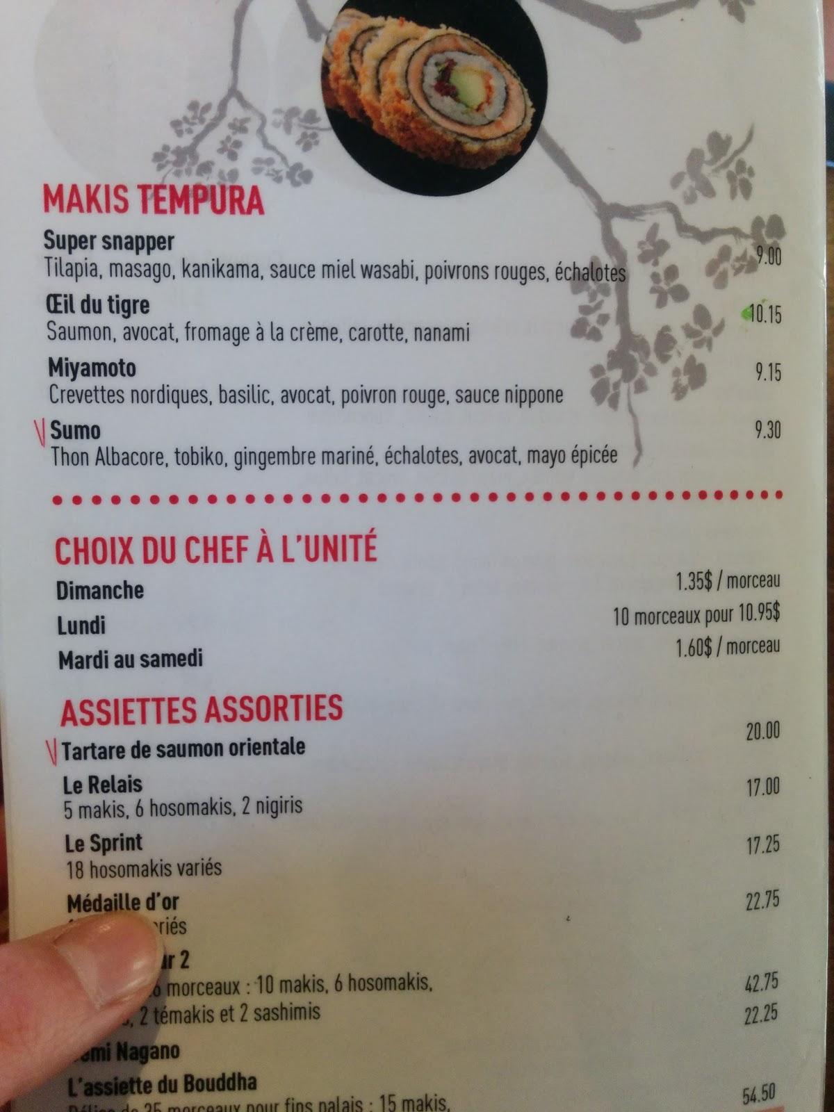 Menu at Sushi Nagano restaurant, Pont-Rouge