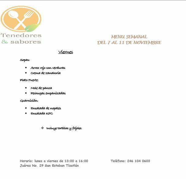 Menu at Tenedores & Sabores restaurant, Tlaxcala