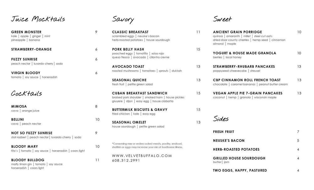 Menu at Velvet Buffalo Modern Italian pub & bar, Beloit
