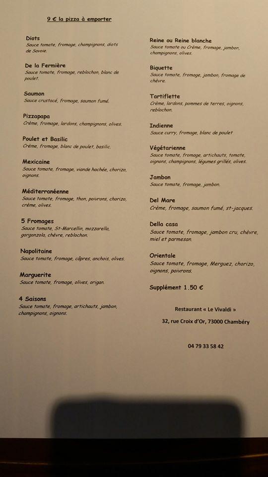 Carta del restaurante Le Vivaldi, Chambéry
