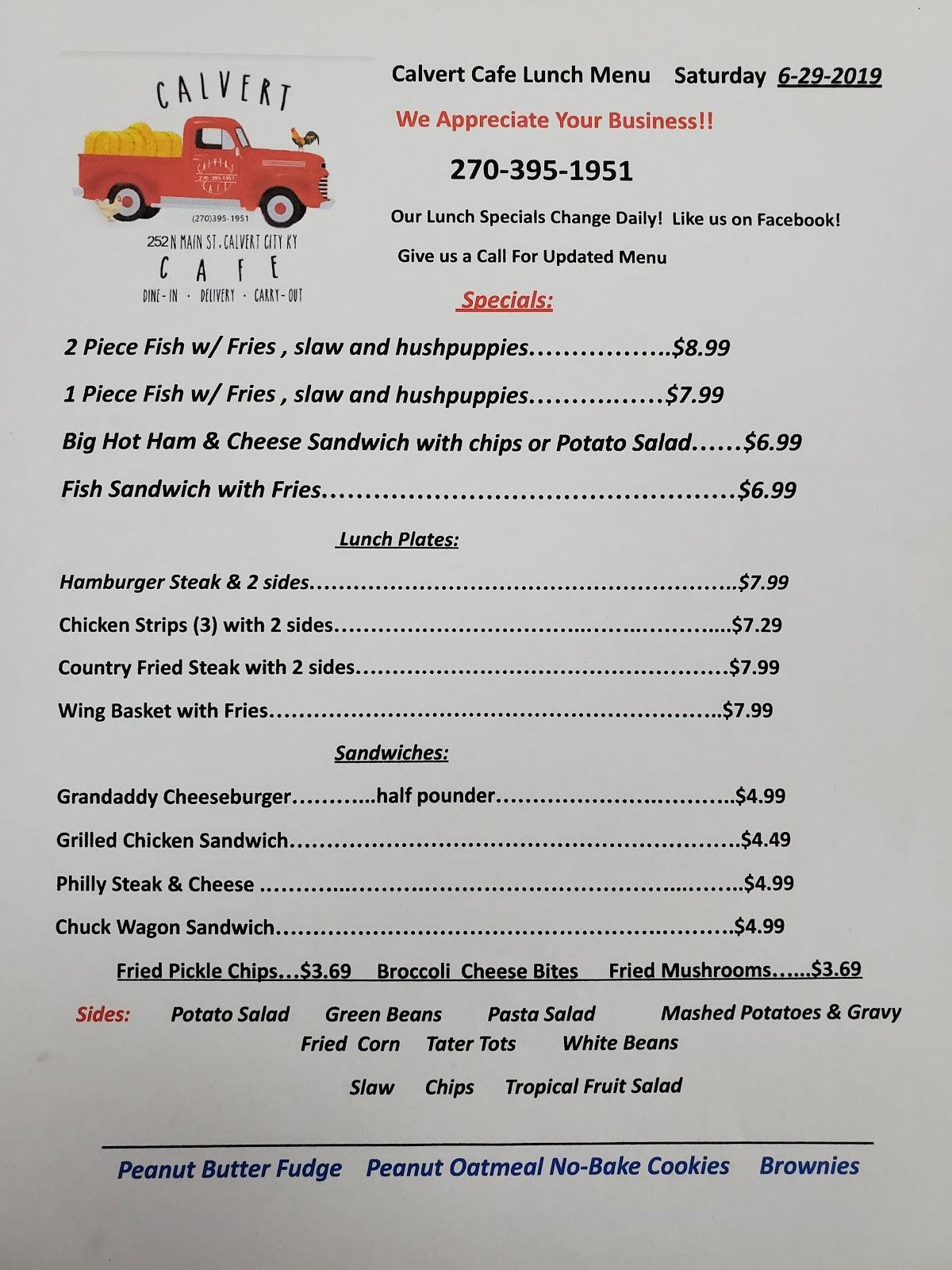 Menu at Calvert Cafe, Calvert City
