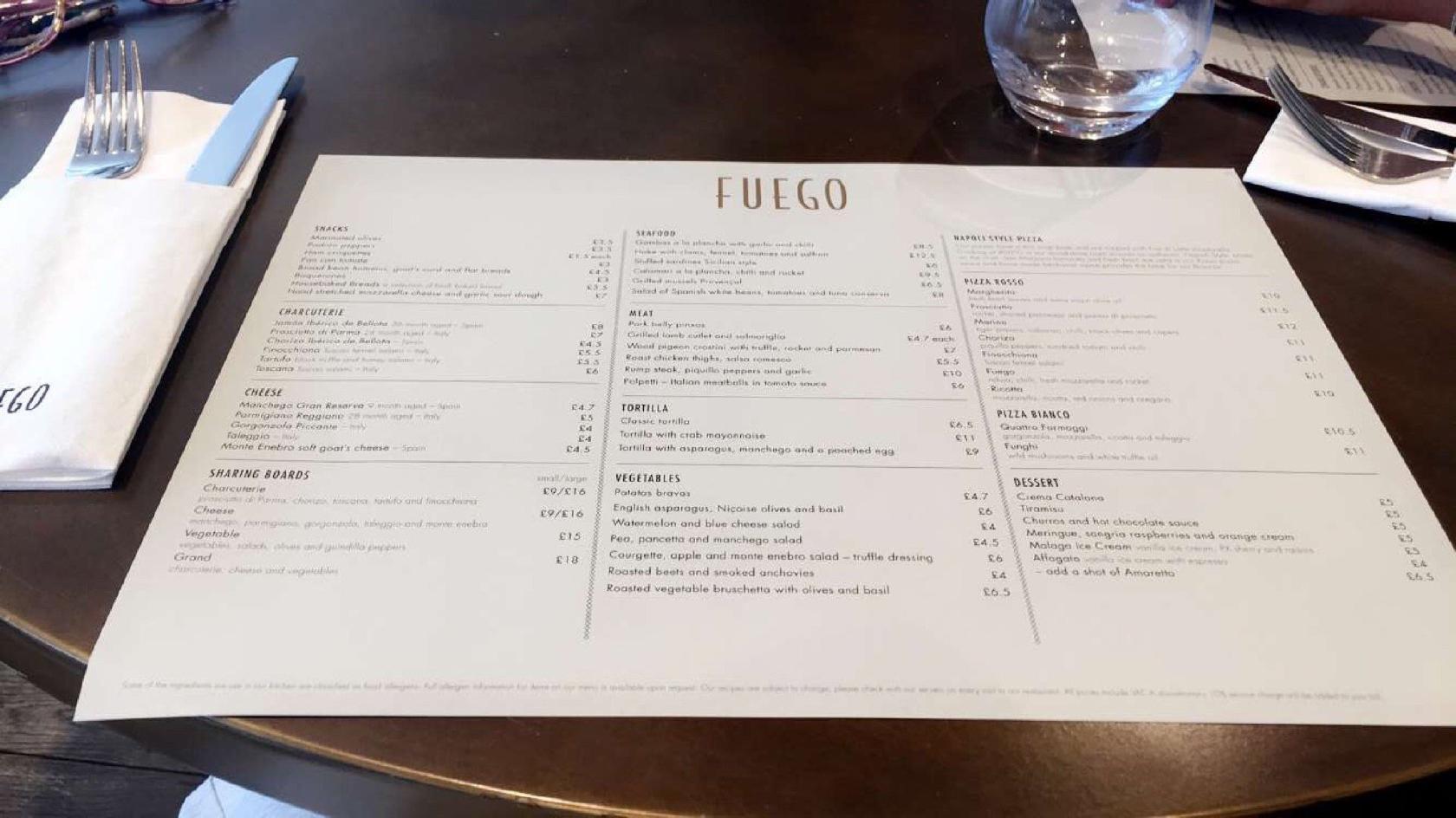 Menu at Fuego restaurant, Bracknell