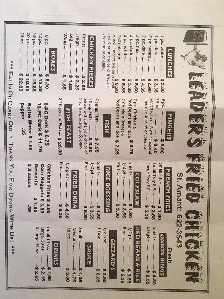 Menu at Leader's Fried Chicken - St. Amant restaurant, Prairieville