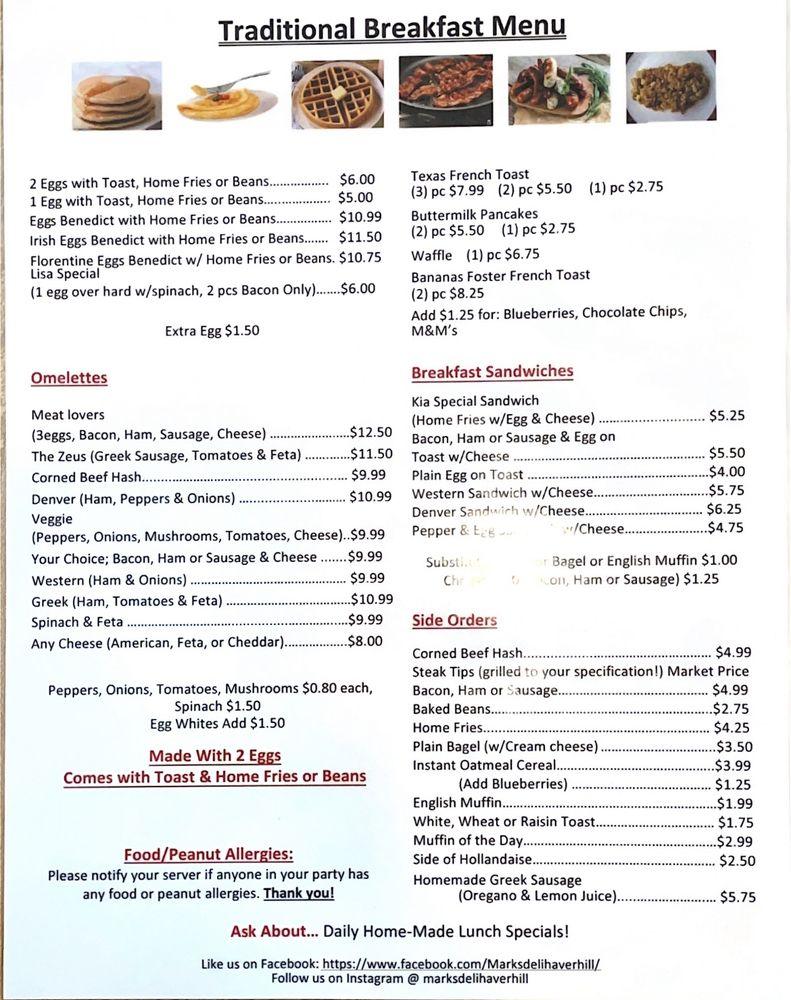 Menu at Mark's Deli restaurant, Haverhill