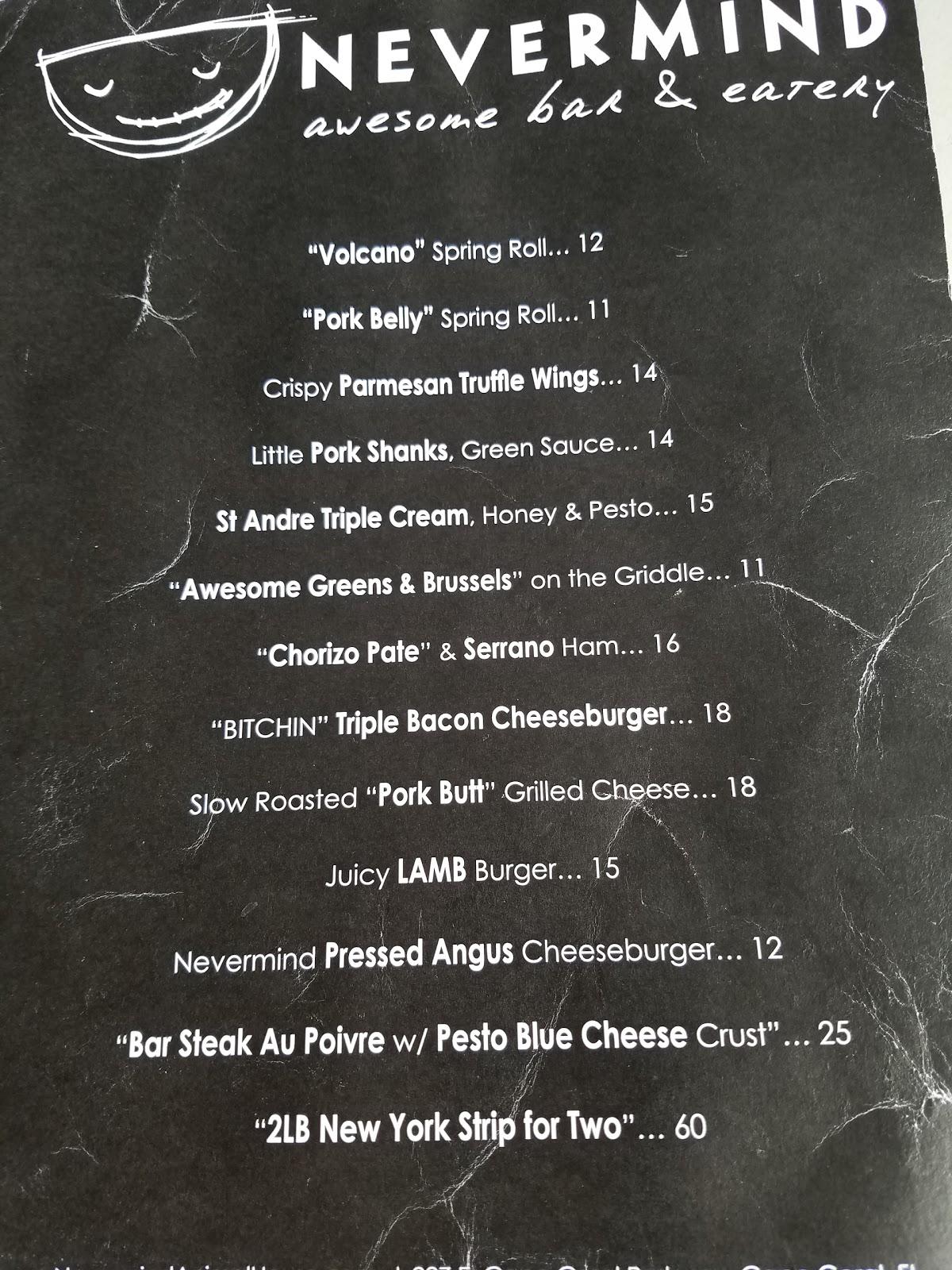 Menu at Nevermind Awesome Bar and The Hop, Cape Coral