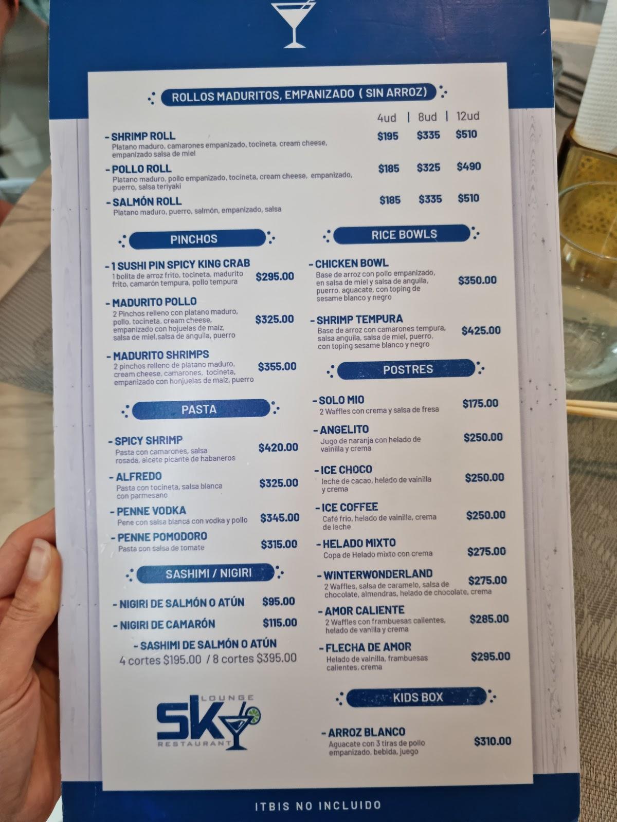 Menu at Sky lounge & restaurant, La Romana