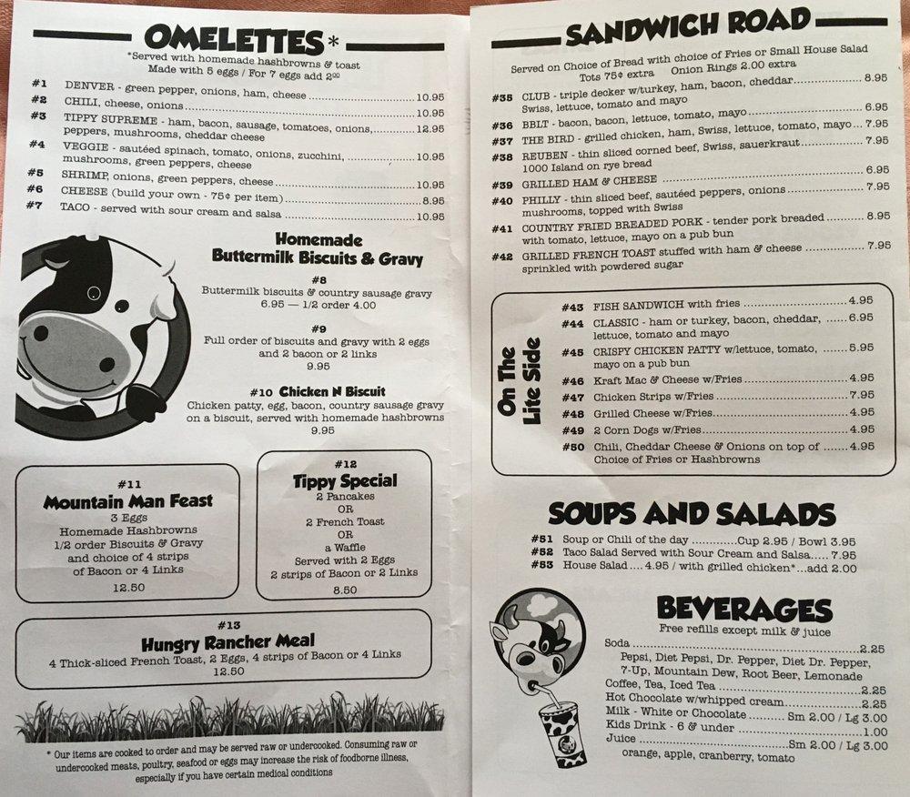 Menu at Tippy cow cafe, Billings