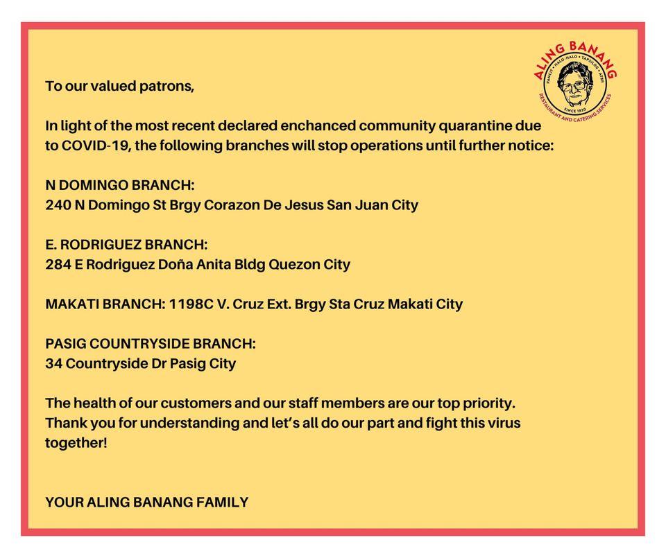 Menu at Aling Banang's N. Domingo restaurant, San Juan, 240 N.Domingo ...